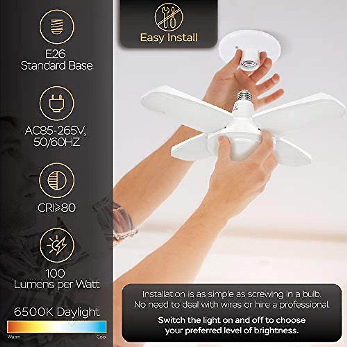 LED Basement Lights 2 Pack, Dimmable Basement Lights Ceiling LED, 60W Deformable LED Garage Light Bulb, 6000 Lumens Screw in LED Garage Light with 4 Leaf Panels, 6500K Daylight White Garage Lighting