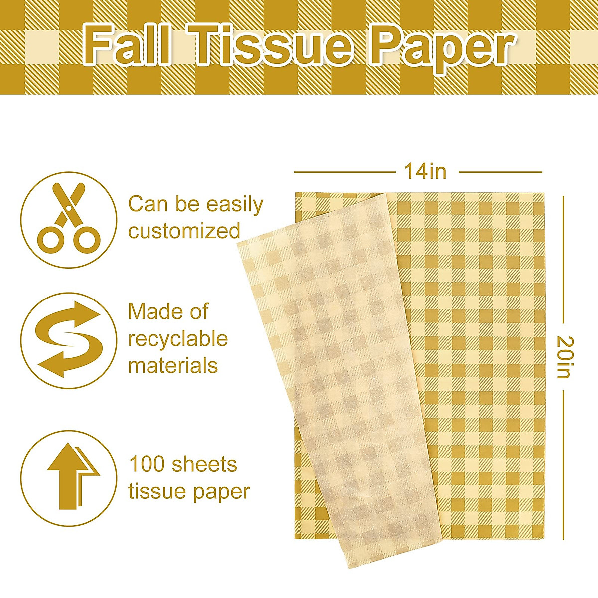 Whaline 100 Sheets Fall Tissue Paper Folded Flat Buffalo Plaid Wrapping Paper Thanksgiving Gift Wrapping Tissue Paper Art Paper for Home DIY Gift Bags Party Favor Autumn Birthday Decor, 14 x 20inch