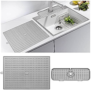 Large Silicone Dish Drying Mat with Faucet Mat - 20" x 16" - Dish Drying Mat, Dish Drainer Mat for Kitchen Counter, Heat Resistant Hot Pot Pad, Non-Slip Sink Mat, BPA Free, Dish Washer Safe(Grey)
