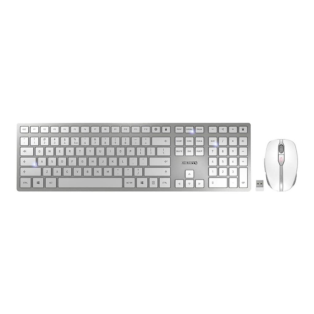 CHERRY DW 9100 Slim Wireless Keyboard and Mouse Set Combo Rechargeable with SX Scissor Mechanism, Silent keystroke Quiet Typing with Thin Design for Work or Home Office. (White & Silver)