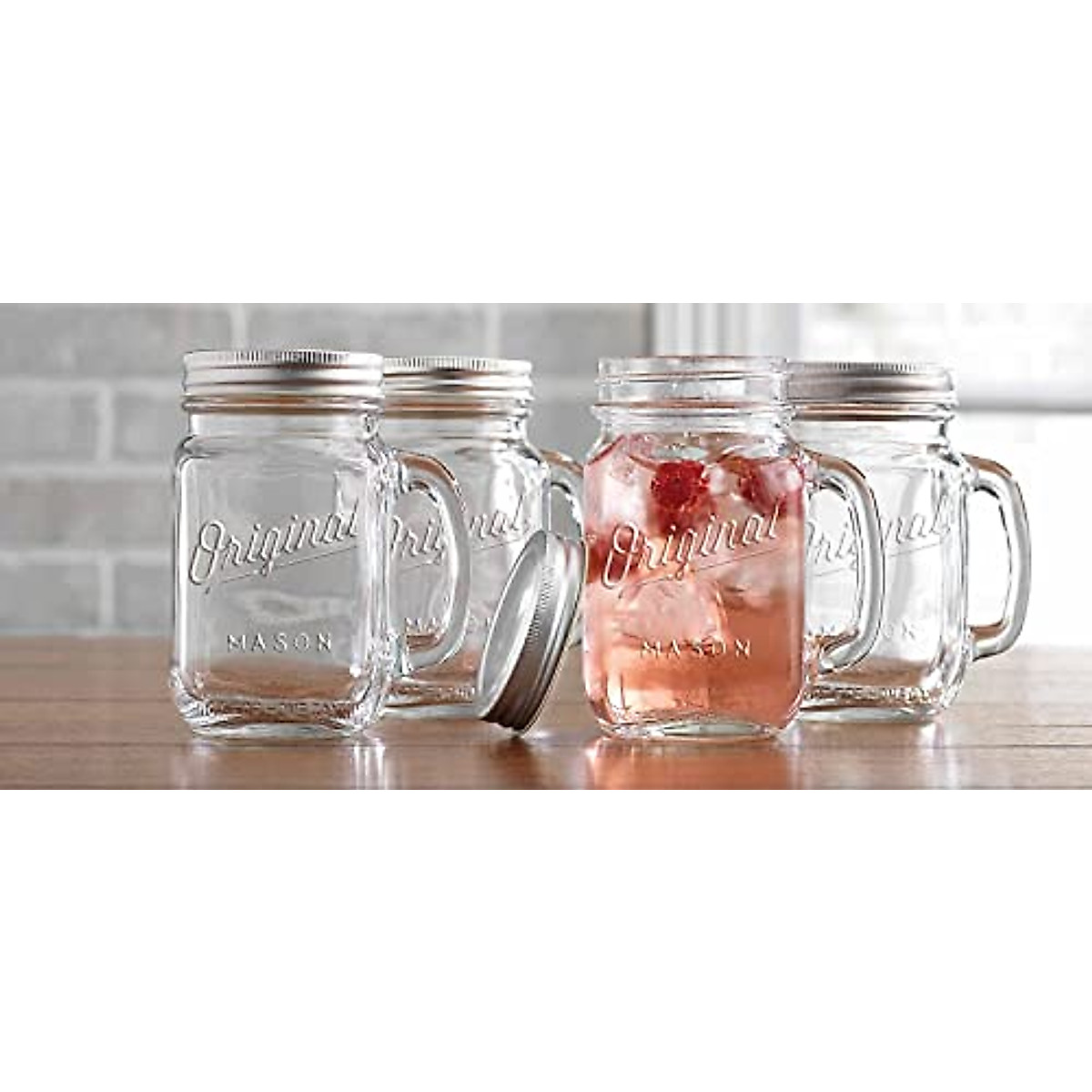 Glaver's Mason Jar 16 Oz. Glass Mugs with Handle and Lid Set Of 6 Old Fashioned Drinking Glass Bottles Original Mason Jar Pint Sized Cup Set.