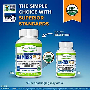 Power By Naturals USDA Organic Sea Moss Plus Bladderwrack and Burdock Root Capsules for Gut Health, Immune Support & Thyroid Supplement (Pure, No Fillers, Wildcrafted Irish SeaMoss Pills) 60Ct.