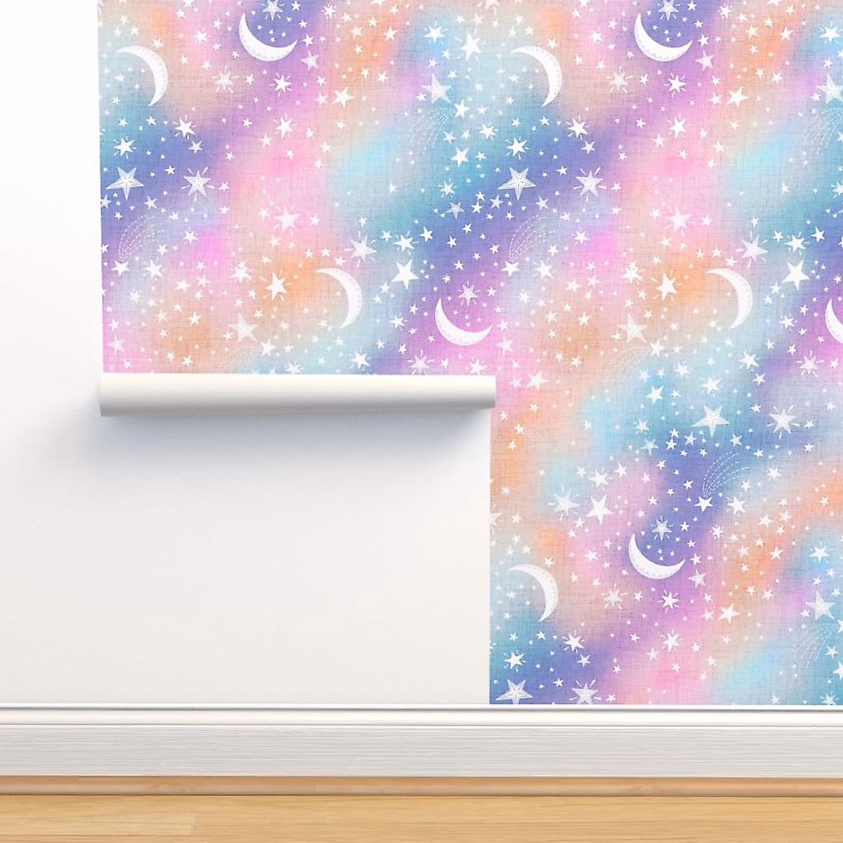 Peel & Stick Wallpaper Swatch - Celestial Rainbow Boho Nursery Ombre Pastel Stars Moon Clouds Night Sky Multicolor Custom Removable Wallpaper by Spoonflower