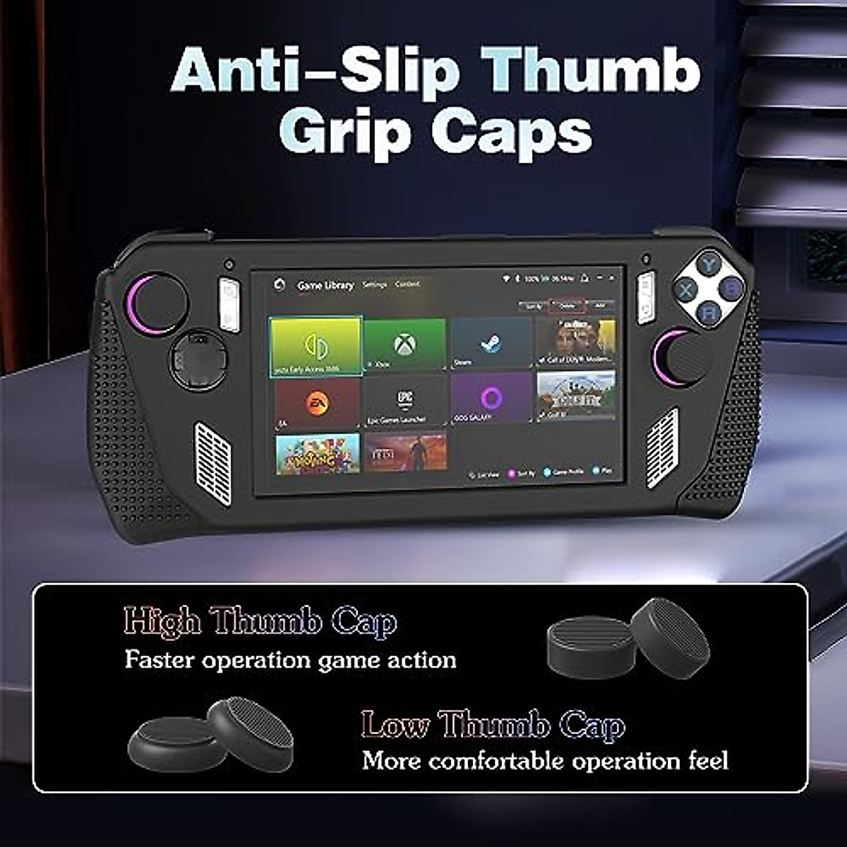 SUIHUOJI for Rog Ally Stand Protective Case, Silicone Accessories Protector, Soft Cover Skin Shell with 2 Pairs Thumb Grips Caps, Full Protection Kickstand for ASUS Rog Ally Handheld (Black)