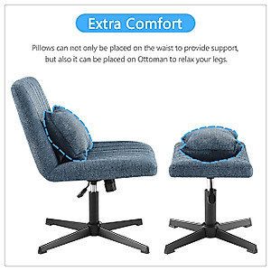 Art Leon Desk Chair No Wheels - with Ottoman and Lumbar Pillow, Armless Office Chair No Wheels, Criss Cross Chair, Modern Swivel Height Adjustable Wide Seat Computer Task Vanity Chair, Indigo Linen