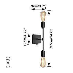SKIVTGLAMP Industrial Wall Sconce Rechargeable Battery Operated LED Picture Lights with Remote, Cordless E26 LED Two-Heads Black Wall lamp Dimmable for Hallway No Drilling Aisle 2 Lights