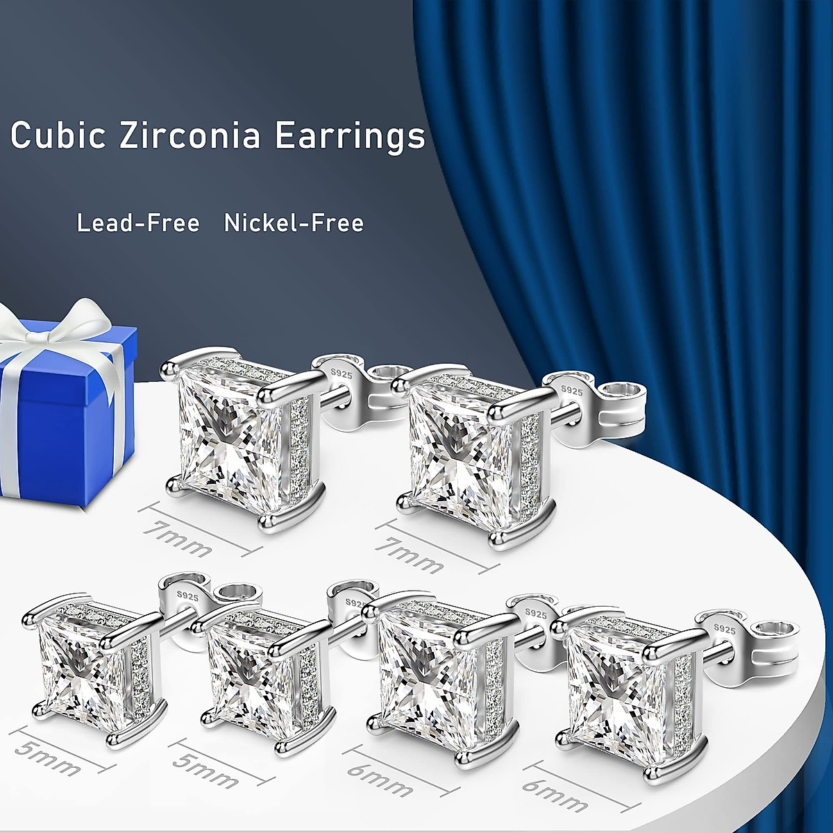 18K White Gold Plated Sterling Silver Princess Cut Cubic Zirconia Stud Earrings Square Simulated Diamond CZ Stud Earrings for Women Men Hypoallergenic (7MM, White Gold)