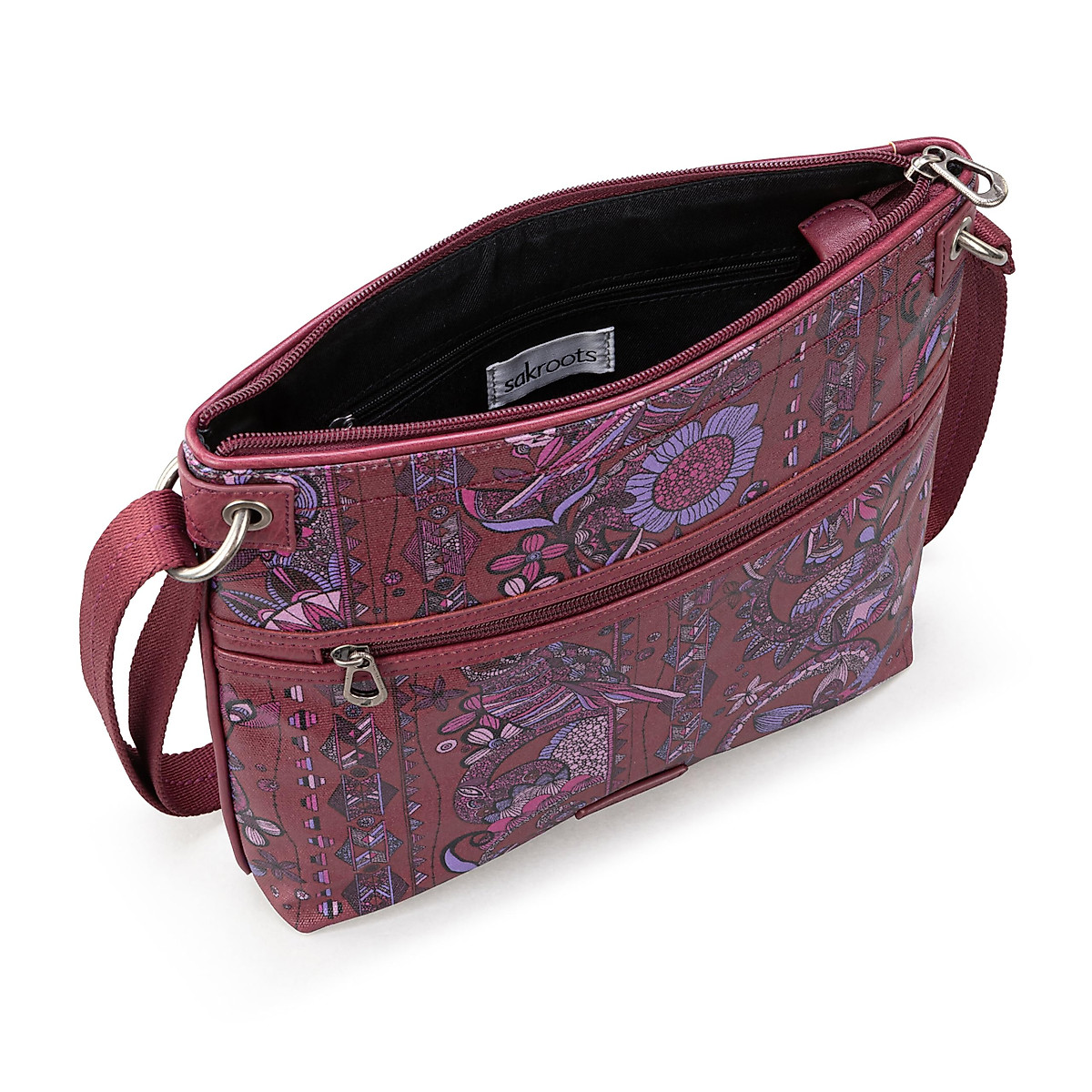 Sakroots Artist Circle Flat Crossbody in Eco Twill, Adjustable Crossbody Strap, Burgundy Spirit Desert