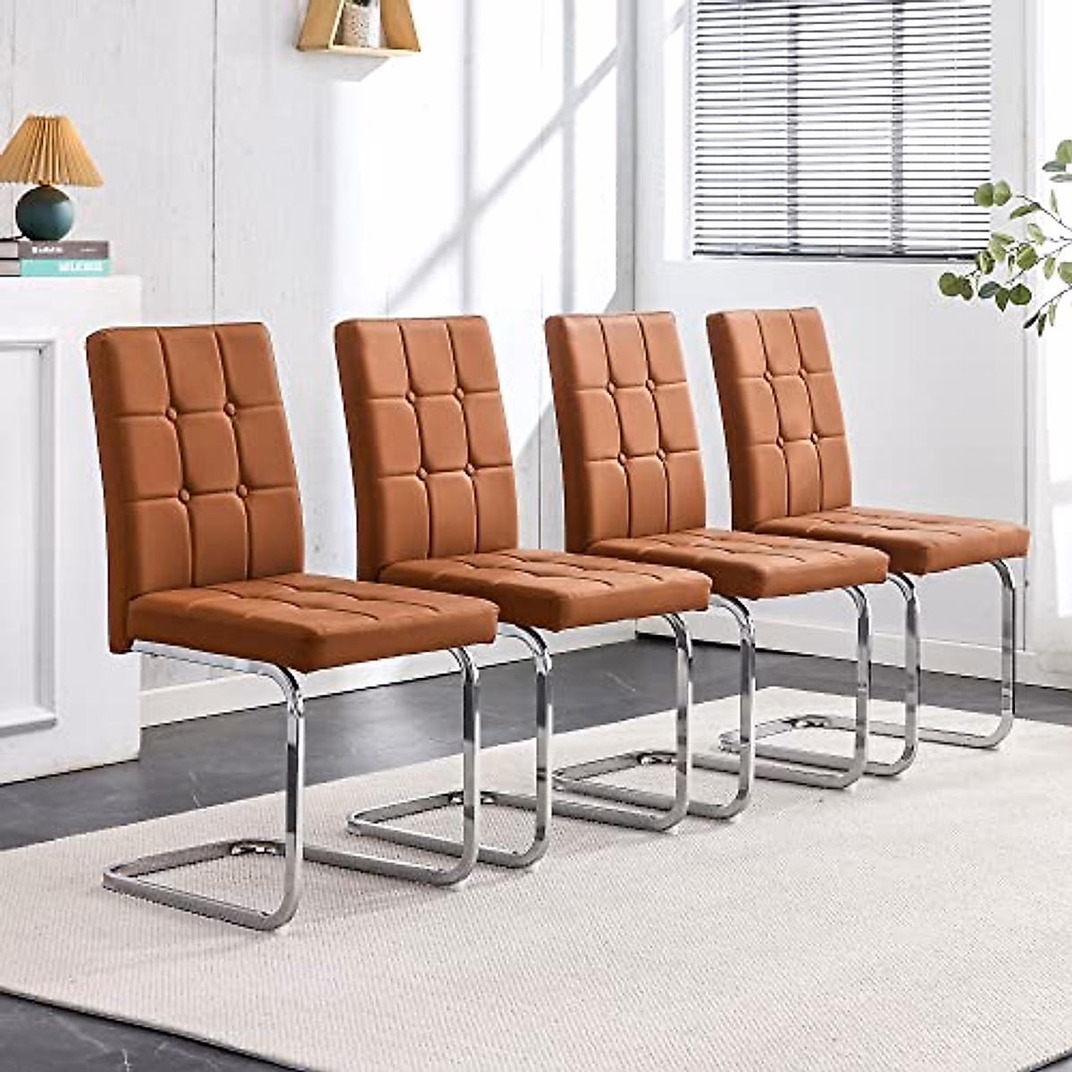 JUFU Modern Dining Chairs Set of 4，Upholstered PU Leather Kitchen Dining Room Chair with Inset Buttons C-Shaped Tube Plating Metal Legs ，for Dining Room Office Living Room Lounge Dresser Patio Club