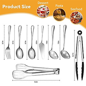 Serving Utensils Set for Partie, Silver Stainless Steel Metal Serveware Large Serving Spoons, Slotted Spoons, Forks, Tongs, Soup and Skimmer Spoon, Cake Server for Buffet, Catering, Entertaining 15pcs