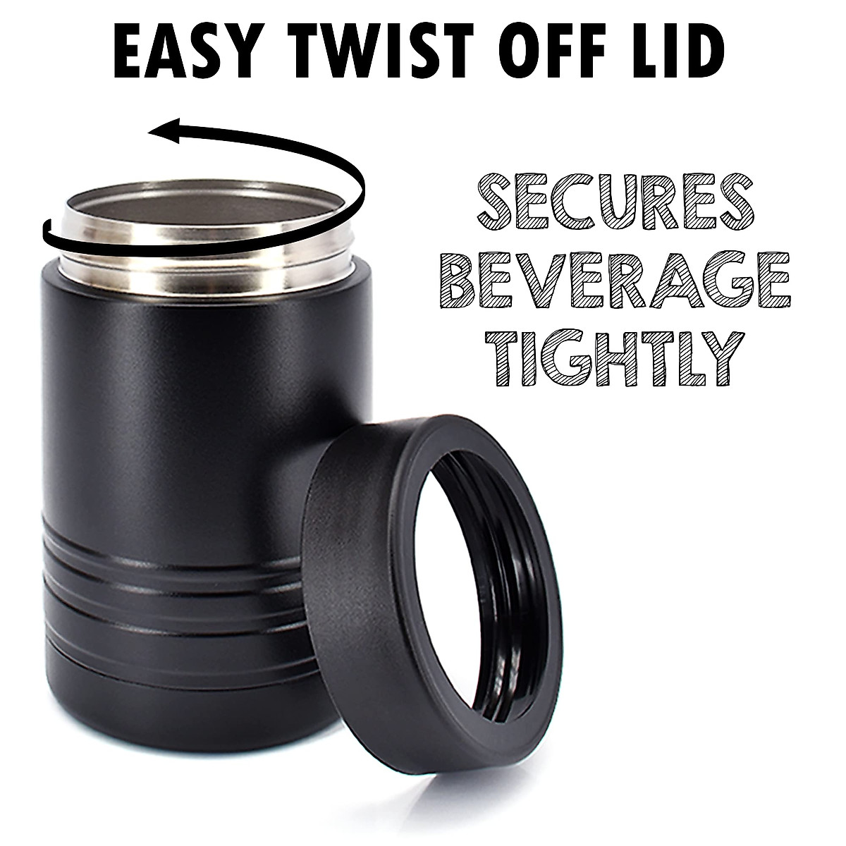 4-in-1 Stainless Steel 12 oz Double Wall Vacuum Insulated Can or Bottle Cooler Keeps Beverage Cold for Hours - Also Fits 16 oz Cans - Powder Coated Black - Clear Water Home Goods