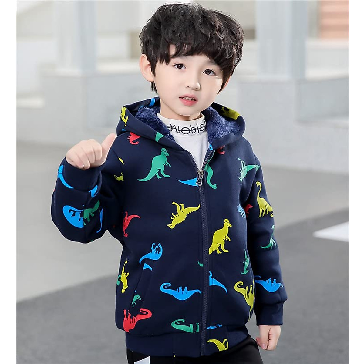 Funnymore Toddler Boy's Sherpa Fleece Lined Jacket,Navy Dinosaur Spring Fall Winter Warm Hoodie Coat Clothes 2t