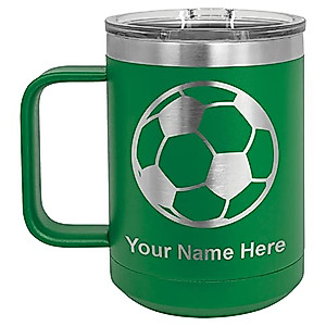 LaserGram 15oz Vacuum Insulated Coffee Mug, Soccer Ball, Personalized Engraving Included (Green)