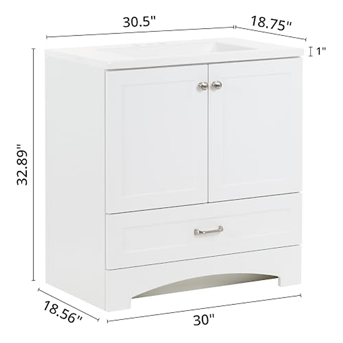 Spring Mill Cabinets Emlyn 30 Inch Bathroom Vanity with White Single Sink Top, 2-Door Cabinet, 1 Drawer, 30.5" W x 18.75" D x 32.89" H, White