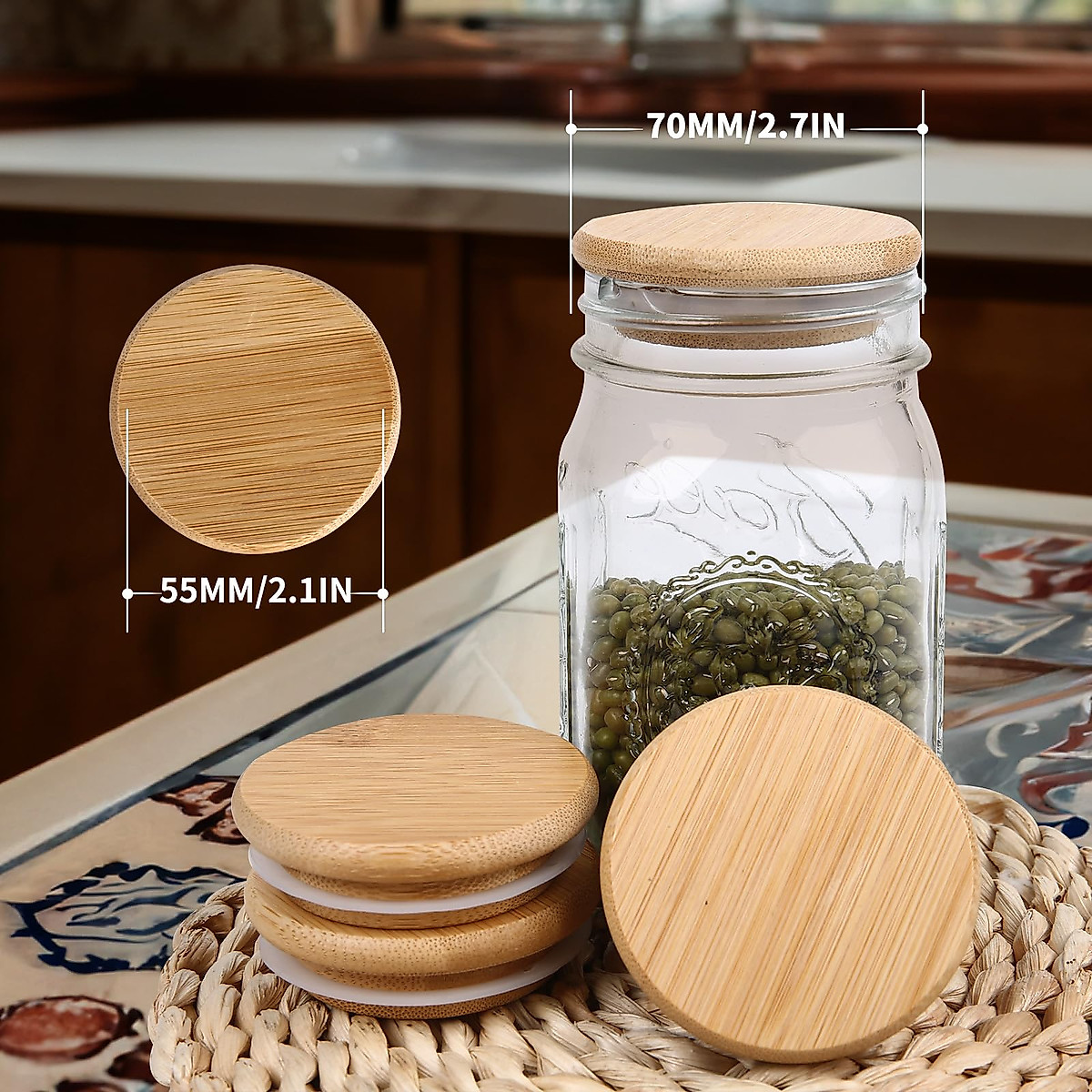 Mason Jar Lids - Reusable canning lids Bamboo mason jar Lids, Food Grade Material Silicone Sealing, 100% Fit & Airtight for Regular Mouth Mason Jars (6PCS Regular Lids, Bamboo)