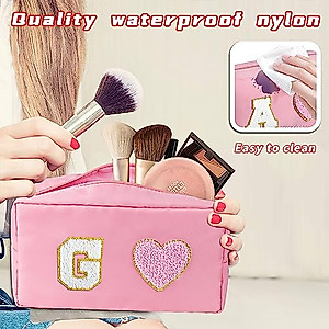 TOPEAST Preppy Makeup Bag Chenille Letters Cosmetic Travel Bag Makeup Pouch Portable Waterproof Travel Organizer Nylon Toiletry Bag Unique Gifts for Women Teen Girls, Letter G
