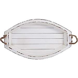 Distressed White Nesting Wood Serving Tray for Eating with Rope Handles,Set of 2 Farmhouse Handwork Boat Shaped Large Decoration Serving Trays for Party Kitchen Counter, Dining Room Coffee Table