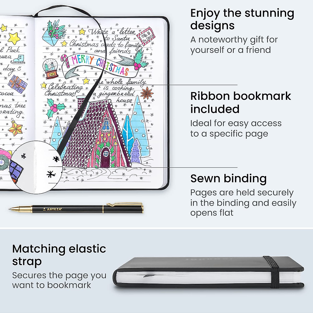 Arteza Journal Gift Set, 6 x 8 Inches, 96-Sheet Notebook with Double-Sided Lined Paper and 1 Black Ink Pen, Black Design, Office Supplies for Graduates, Students, and Teachers