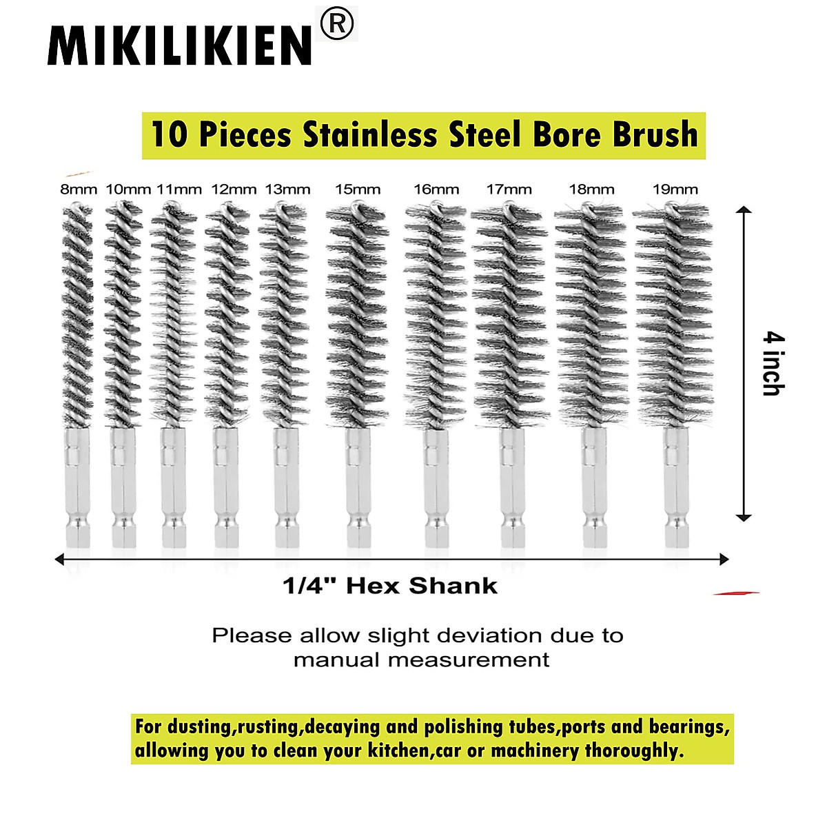MIKILIKIEN Stainless-Steel Bore Brush for Drill,Wire Brush Set for Power Drill with 1/4-in Hex Shaft,Metal Cleaning Brushes with Stainless-Steel bristles(10-Size Set)