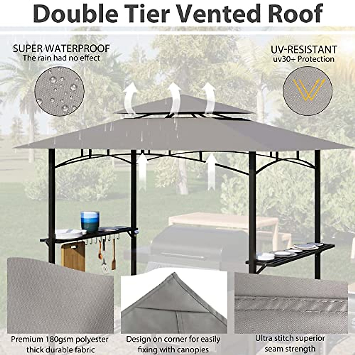 Grill Gazebo 8X 5 FT Double Tiered BBQ Gazebo Grill Canopy with 2 Side Shelves, 5 Hooks and Bottle Opener, Patio Canopy Tent, Outdoor Gazebo Tent Outdoor BBQ Canopy (Gray)