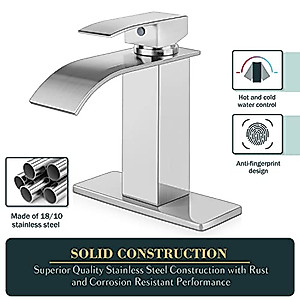 Herogo Bathroom Sink Faucet, Brushed Nickel Waterfall Stainless Steel Bathroom Faucet with Brass Pop Up Drain, Single Handle 1 Hole or 3 Holes Deck Mount Vanity RV Lavatory Faucet with 2 Water Hoses