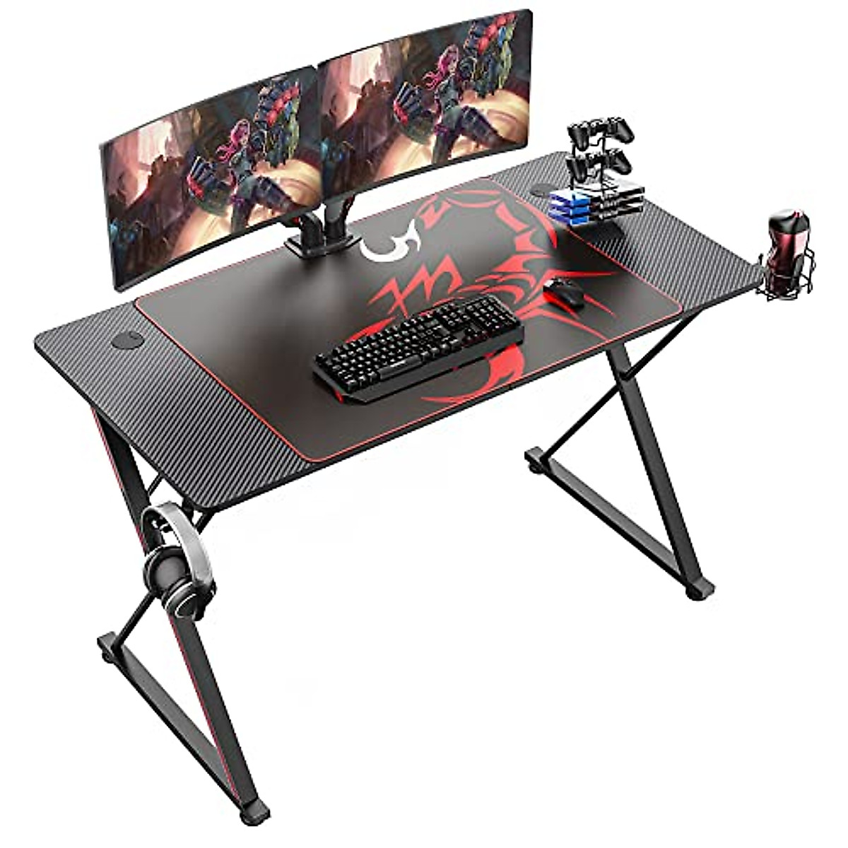 EUREKA ERGONOMIC Gaming Desk 47 Inch,PC Gaming Table, X Shaped Gaming Computer Desk with Mouse Pad, Carbon Fiber Home Office Desk with Cup Holder & Headphone Hook & Controller Stand,Black