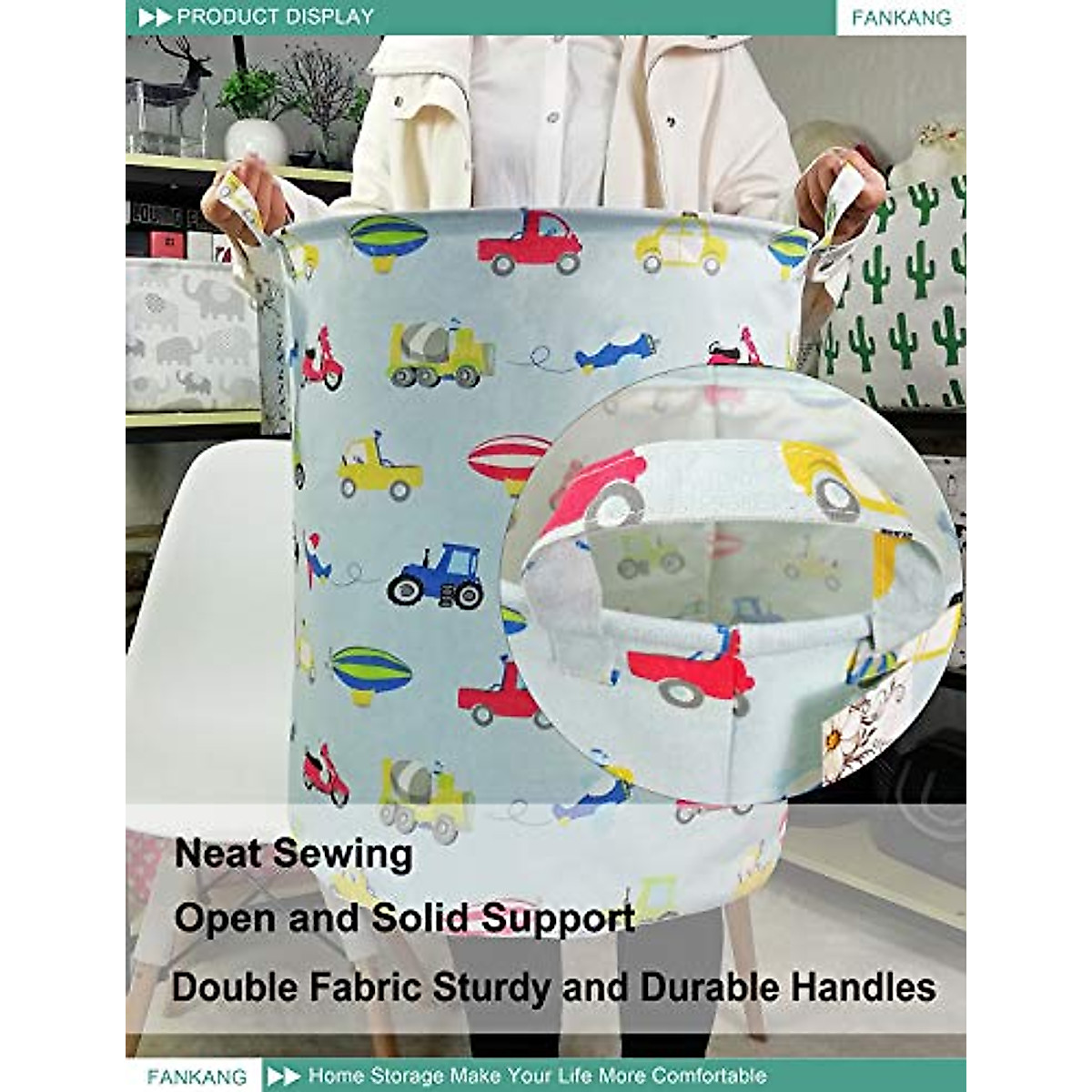 FANKANG Storage Basket, Nursery Hamper Canvas Laundry Basket Foldable with Waterproof PE Coating Large Storage Baskets for Kids Boys and Girls, Office, Bedroom, Clothes,Toys（Car）