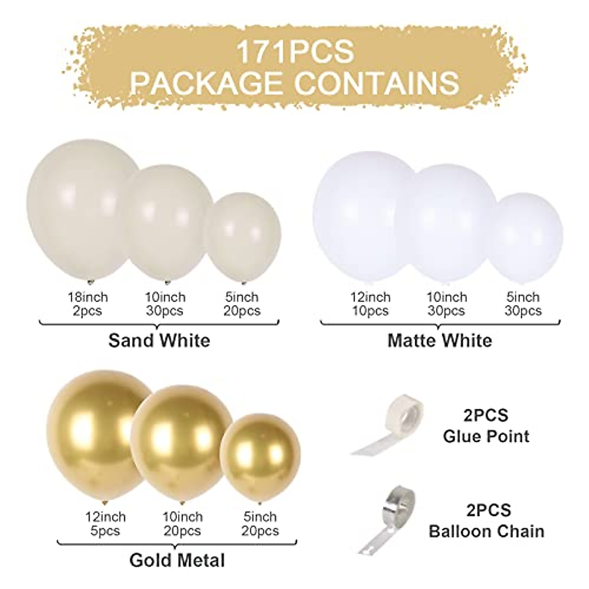 White Gold Balloon Garland Kit - 171pcs White and Gold Latex Balloons Arch Kit, White Gold Balloon Wall for Birthday Baby Shower,Wedding Bridal,Graduation,First Communion Baptism Party Decorations