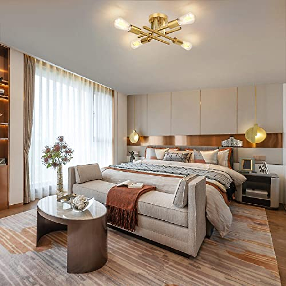 Tickjoy Modern 4 Light Semi Flush Mount Ceiling Light Fixture, Industrial Sputnik Chandelier Ceiling Lamp, Gold Farmhouse Lighting for Bedroom Kitchen Dining Room Living Room Hallway