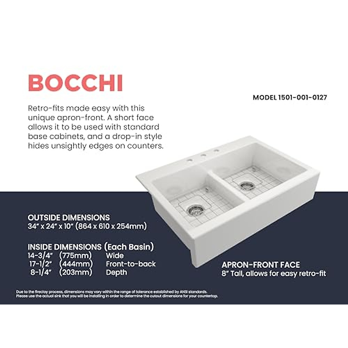 BOCCHI Nuova Apron Front Drop-In Fireclay 34 in. 50/50 Double Bowl Kitchen Sink with Protective Bottom Grids and Strainers in White