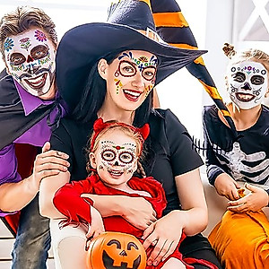 Amaxiu Day of the Dead Face Temporary Tattoos, 10 Sheets Halloween Floral Sugar Skull Temporary Face Tattoos Stickers Makeup Kit on Cheek Eye Forehead Nose Mouth for Halloween Masquerade Party