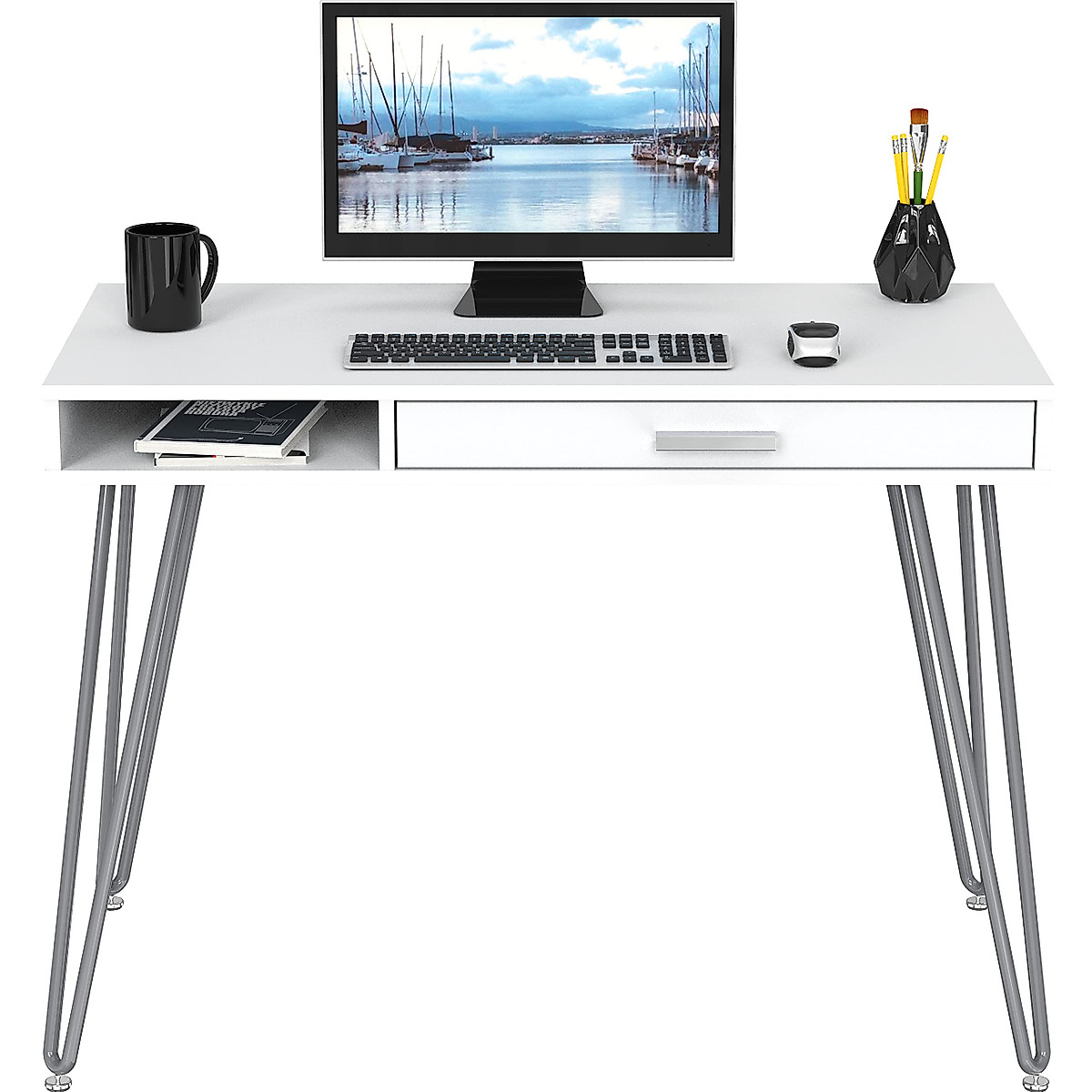 SHW Home Office Computer Hairpin Leg Desk with Drawer, White
