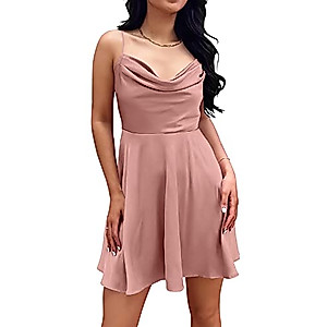 PRETTYGARDEN Women's Summer Satin Dress 2023 Sexy Spaghetti Strap Cowl Neck Ruffle A Line Short Party Dresses (Pink,Medium)
