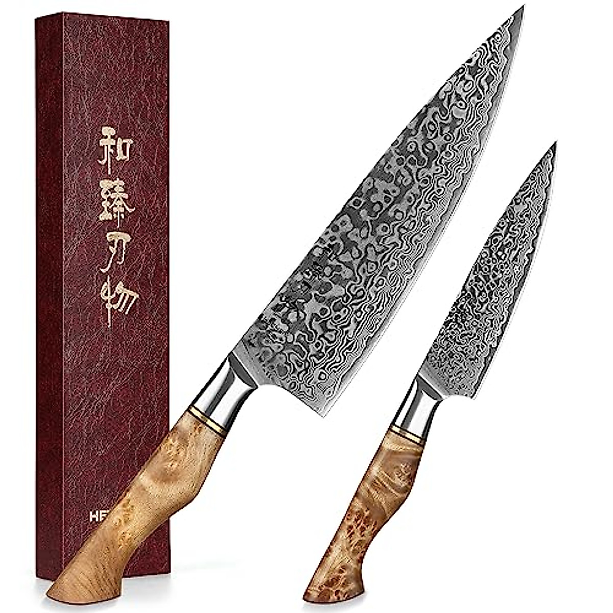 HEZHEN-67 LAYES Damascus Steel Kitchen Knife Set 2PCS,8.3'' Chef knife 5" Utility Knife Figured Sycamore Wood Handle with Gift Box
