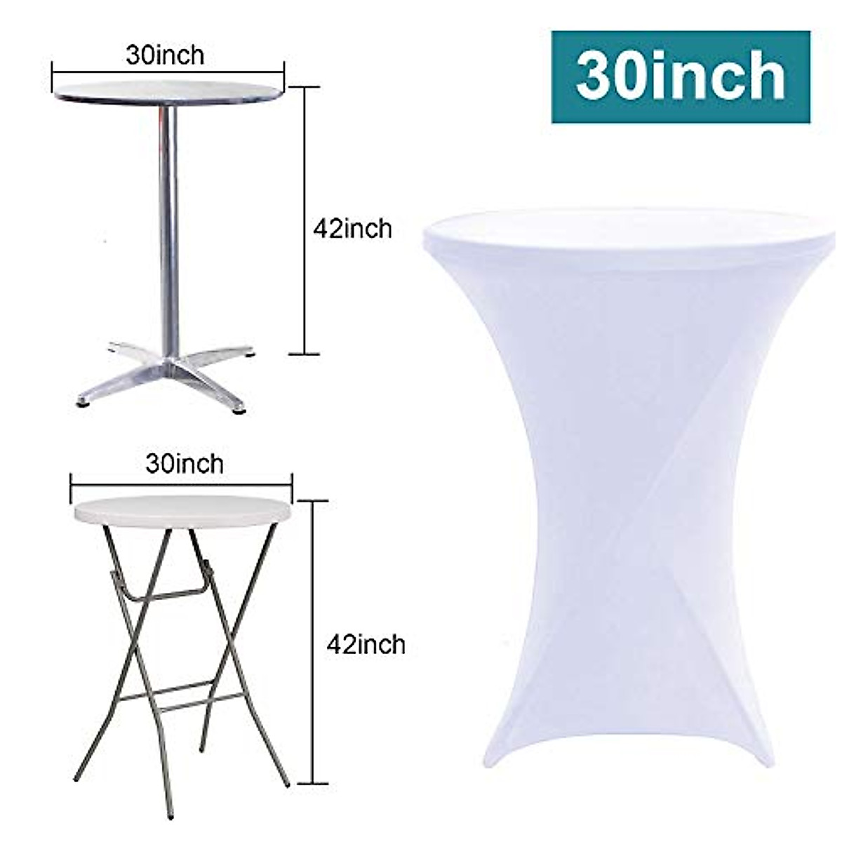 RELIANCER 2 Pack 30inch Highboy Cocktail Round Spandex Table Cover Four-Way Tight Fitted Stretch Tablecloth Table Cloth for Outdoor Party DJ Tradeshow Banquet Vendor Wedding(2PC 30''X42'',White)