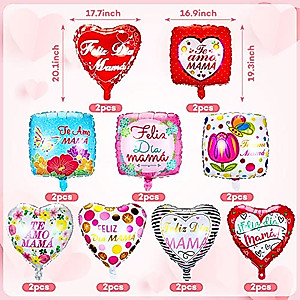 18 Pcs Mother's Day Party Balloons Set Aluminum Foil Happy Mother's Day Balloon Spanish Te Amo Mamá Red Heart Balloons for Mother's Day Party Birthday Decorations Supplies, 9 Styles