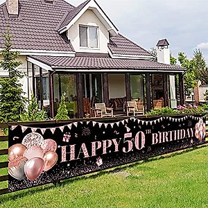 Large Happy 50th Birthday Banner Black and Rose Gold Yard Sign Birthday Banner for Women Girl 50 Years Old Birthday Photo Backgroud Party Indoor Outdoor Decoration Supplies 118 × 19.6 Inch