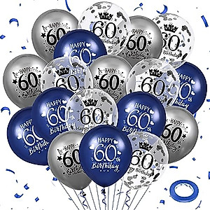 60th Birthday Decorations for Men Navy Blue Silver Happy 60th Birthday Door Banner Cover and 18Pcs Blue Silver 60th Birthday Balloons for Men Women 60th Birthday Party Decorations