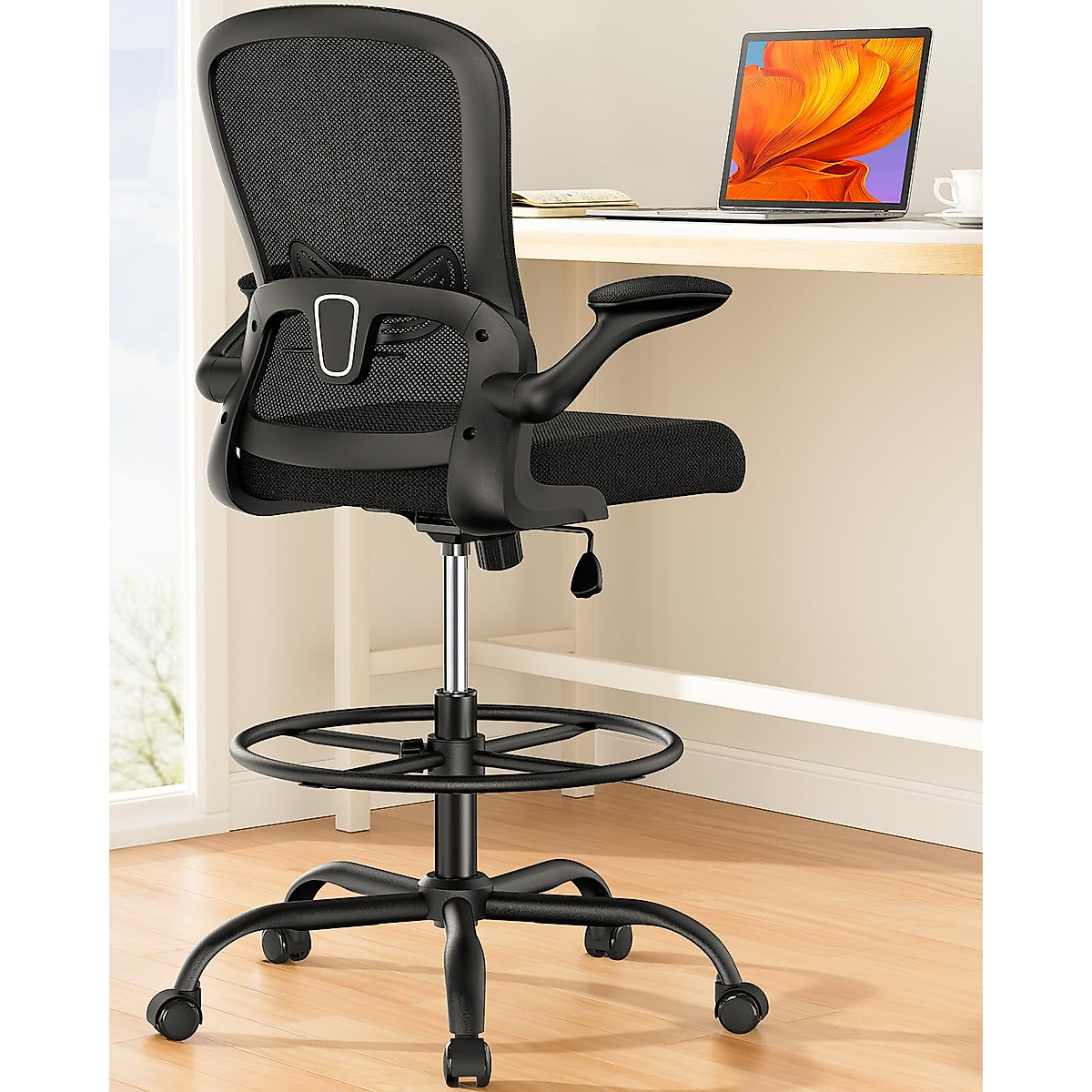 ErGear Drafting Chair, Standing Desk Chair with Flip-Up Armrests, High Desk Chair Adjustable Height, Ergonomic Tall Office Chair with Lumbar Support and Adjustable Footrest Ring