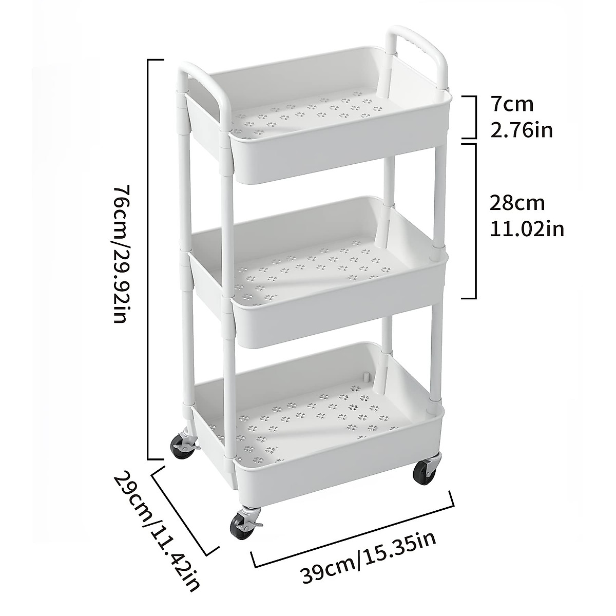 Sywhitta 3-Tier Plastic Rolling Utility Cart with Handle, Multi-Functional Storage Trolley for Office, Living Room, Kitchen, Movable Storage Organizer with Wheels, White