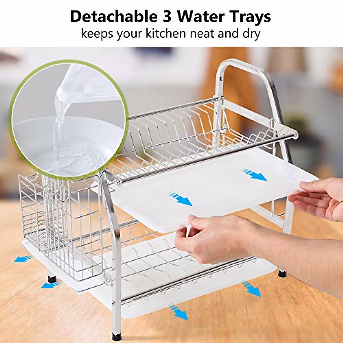 1Easylife Dish Drying Rack, 2 Tier Dish Rack Stainless Steel with Utensil Knife Holder and Cutting Board Holder Dish Drainer with Removable Drain Board for Kitchen Counter Organizer Storage (Silver)
