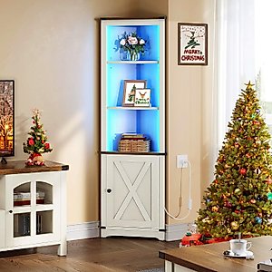 YITAHOME Corner Storage Cabinet with LED Light, Farmhouse Tall Corner Cabinet with Barn Door Design & Adjustable Shelf, Home Space Saver for Bathroom/Living Room/Laundry Room, White