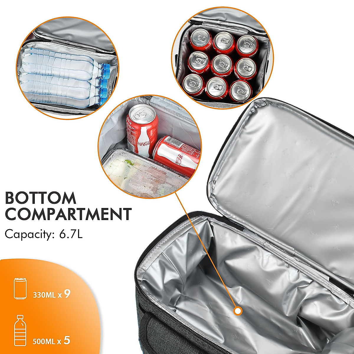 Tirrinia Insulated Lunch Bag, Leakproof Thermal Bento Cooler Tote for Women and Men, Dual Compartment with Shoulder Strap, 10.3" x 7.5" x 8.6", Black