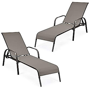 Tangkula Patio Chaise Lounge, Recliner Outdoor Lounger Chair w/Adjustable Backrest, Reclining Chair w/Heavy Duty Steel Frame, Suitable for Beach, Yard, Balcony, Poolside (2, Brown)