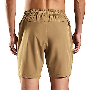MIER Men's Quick Dry Running Shorts with Zipper Pockets, 7" Athletic Workout Gym Exercise Fitness Shorts Without Liner/Brief, Khaki, XL