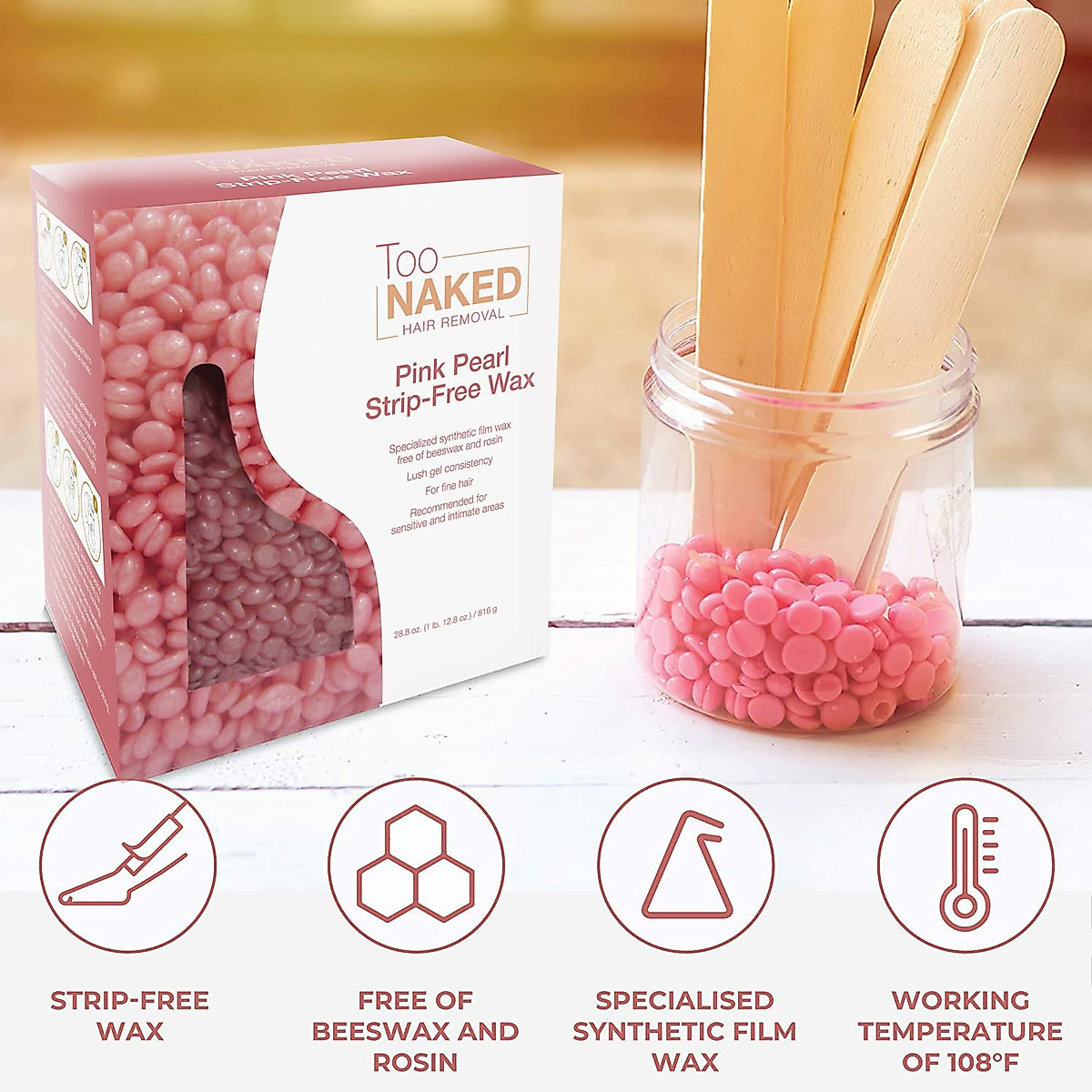 Too Naked Pink Pearl Strip-Free Wax, Beeswax-Free Wax, Synthetic Film Wax, 28.8 ounces
