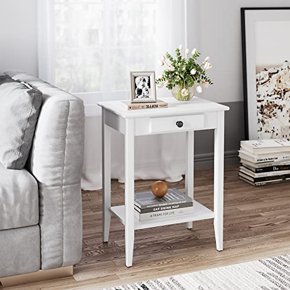 Amyove White End Table Narrow Bedside Table Side Tables with Storage Shelves Small Table Wood Night Stand for Bedroom, Nursery Living Room, Easy Assembly