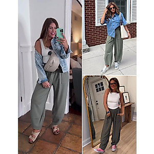 Xiaoxuemeng Womens Baggy Wide Leg Pants Casual Elastic Waisted Palazzo Harem Pants with Pockets (Green-M)