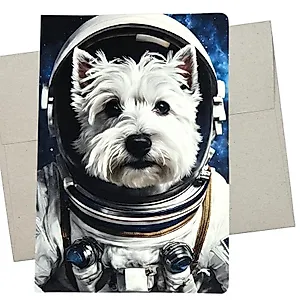 Westie Astronaut in Space Card (1 Premium Folded Card, Blank Inside, 5X7 Inches) West Highland White Terrier in Outer Space Birthday Card or Graduation Note - 1007