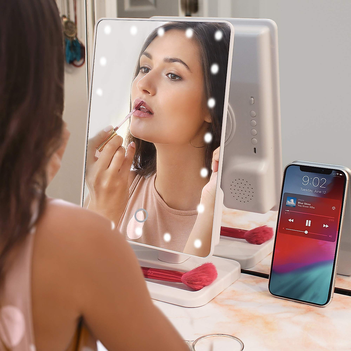Aduro Vanity Mirror Makeup Mirror With Lights And Wireless Speaker, U-Reflect Beauty LED Wireless Swivel Smart Home Audio Mirror With Tray (White)